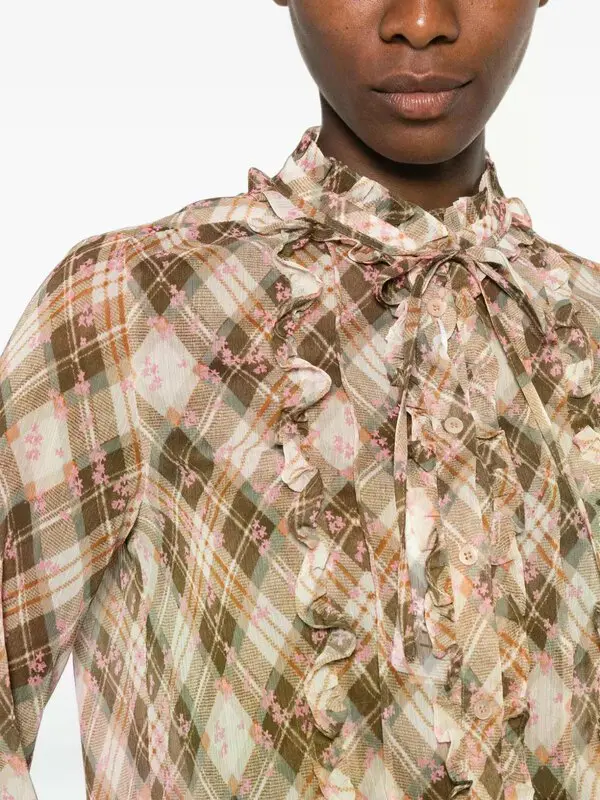 I BLUES Ruffled Checkered And Floral Print Blouse