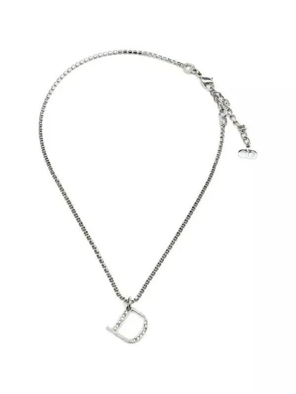 Dior Tone Crystal Embellished D Logo Pendant Necklace - Silver