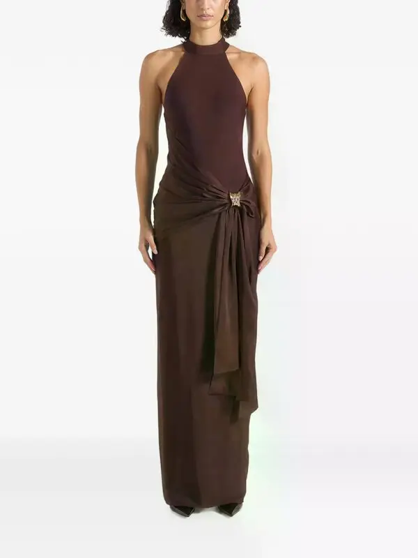 Manière De Voir Willow In Halter-neck Clasp-detail Satin-sash Maxi Dress - Brown