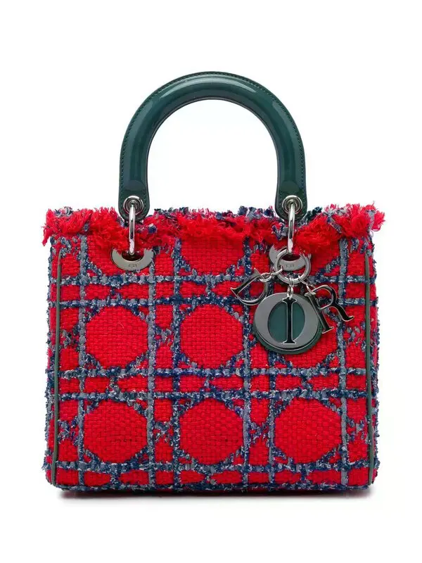 Dior Medium Tweed Cannage Lady Satchel - Red