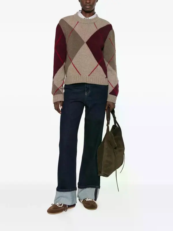 BEYOU Argyle Pattern Crew Neck Sweater - Red