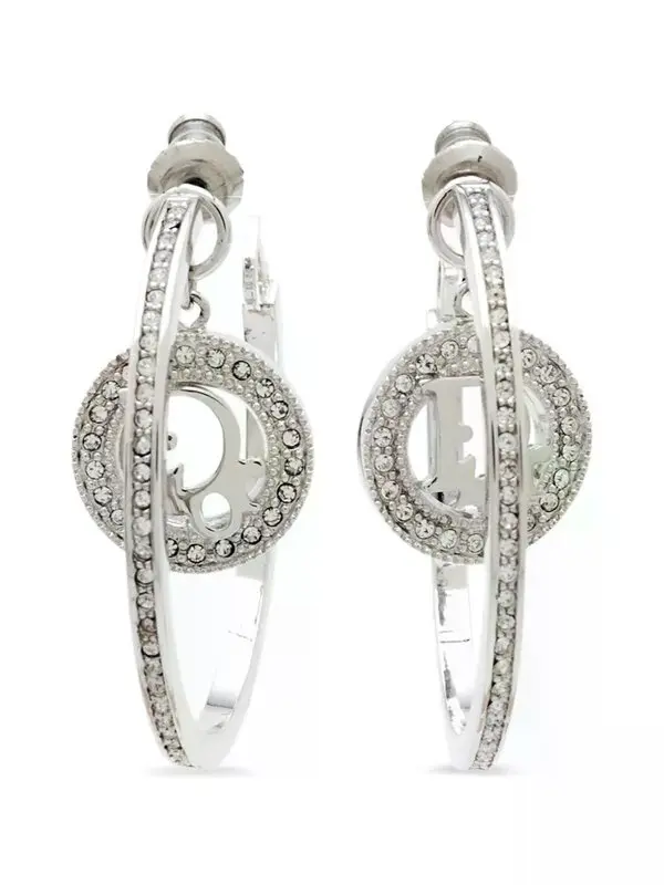 Dior Oblique Crystal Embellishment Hoop Earrings - Silver