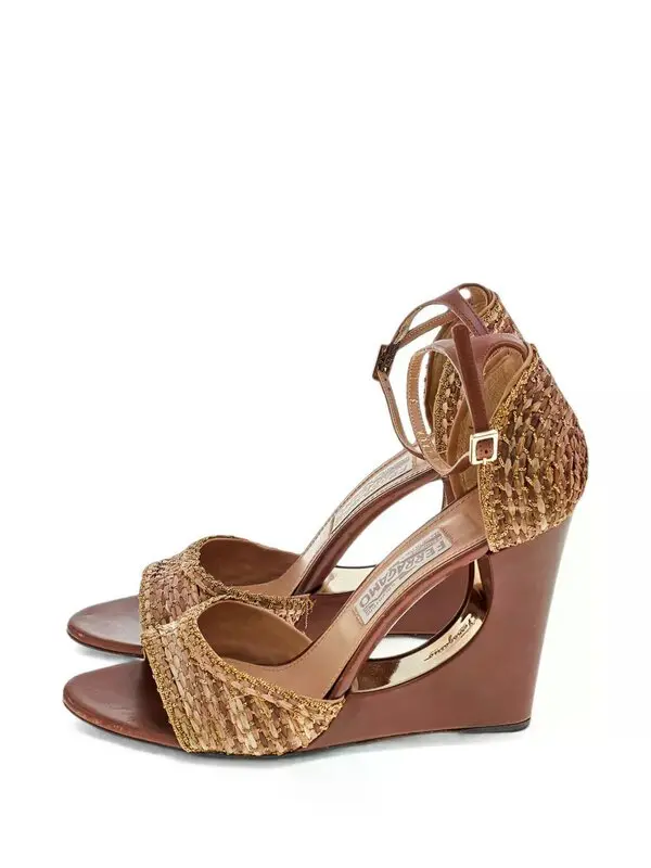 FERRAGAMO Woven Chain-trim Wedge Sandals - Brown
