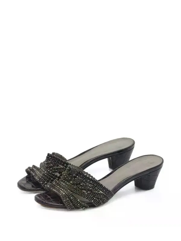 GINA Crystal-embellished Croc-effect Block Heel Sandals - Black