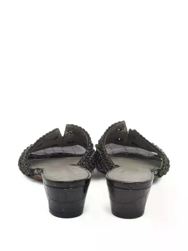 GINA Crystal-embellished Croc-effect Block Heel Sandals - Black