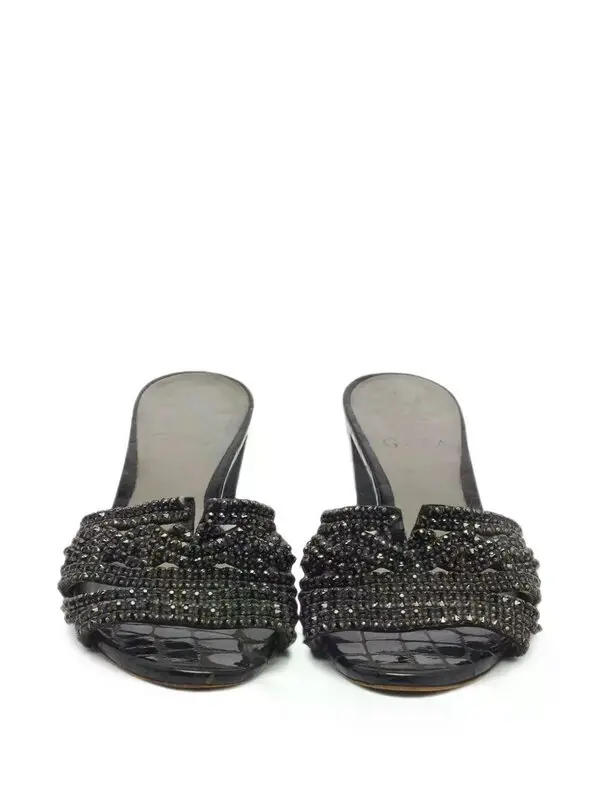 GINA Crystal-embellished Croc-effect Block Heel Sandals - Black