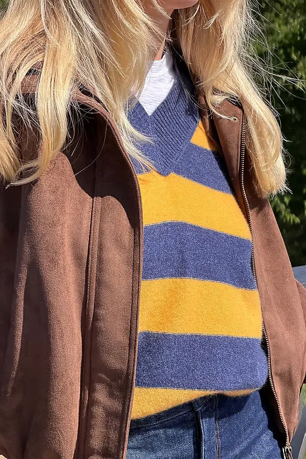 PILCRO 100% Cashmere V-neck Sweater - Blue Stripe
