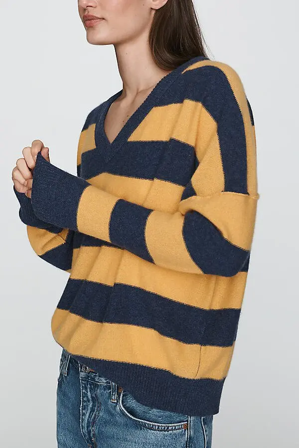 PILCRO 100% Cashmere V-neck Sweater - Blue Stripe