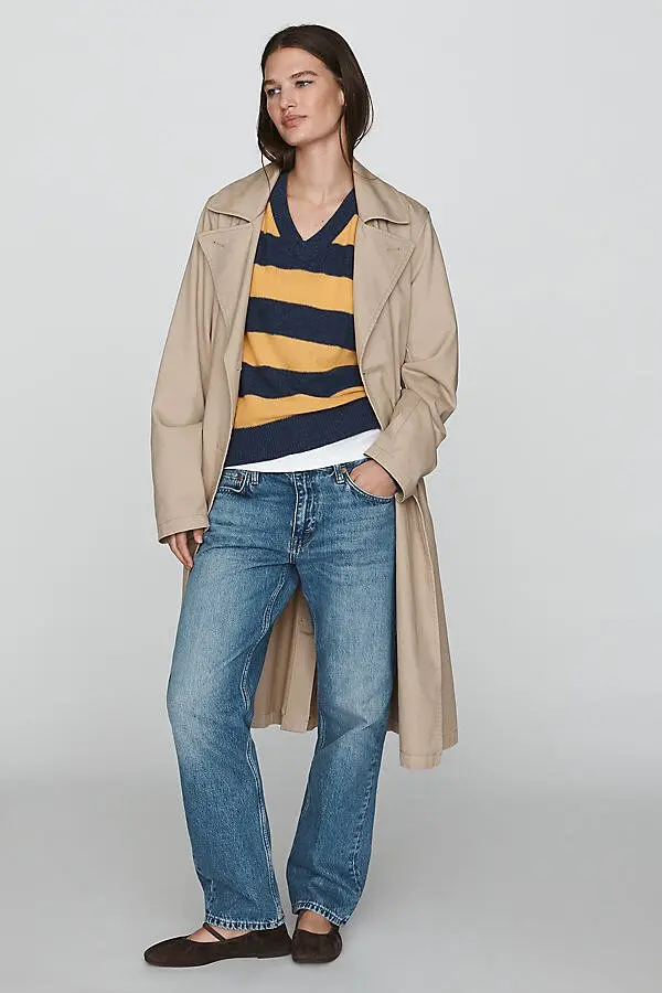 PILCRO 100% Cashmere V-neck Sweater - Blue Stripe