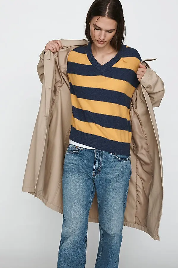 PILCRO 100% Cashmere V-neck Sweater - Blue Stripe