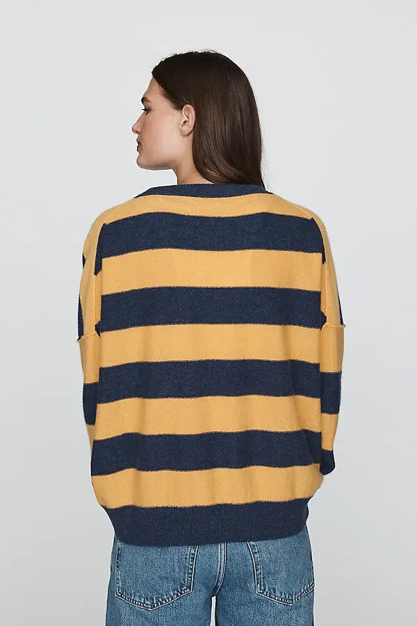 PILCRO 100% Cashmere V-neck Sweater - Blue Stripe