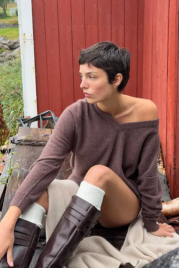 PILCRO 100% Cashmere V-neck Striped Sweater - Brown