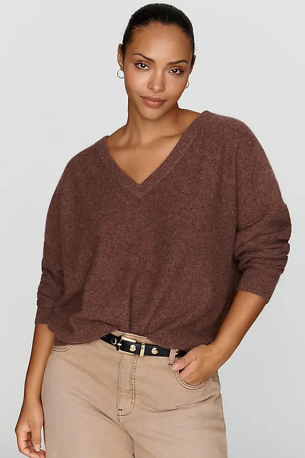 PILCRO 100% Cashmere V-neck Striped Sweater - Brown