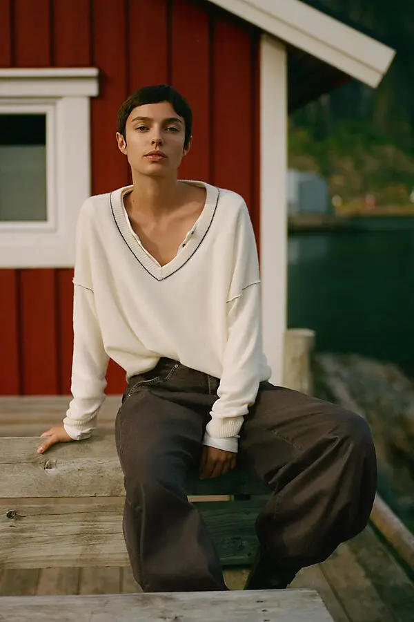 PILCRO 100% Cashmere V-neck Striped Sweater - Ivory