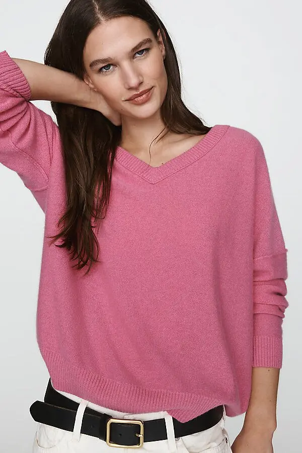 PILCRO 100% Cashmere V-neck Striped Sweater - Raspberry