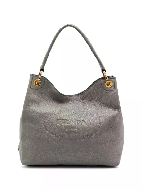 Prada Vitello Daino Phenix Embossed Logo Tote Bag - Grey
