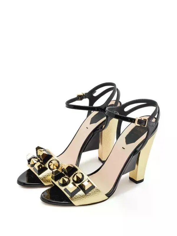 Fendi Studded Ankle-strap High Block Heel Sandals - Gold