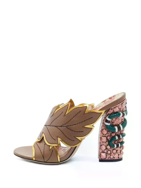Gucci Webby Leaf Embellished Snake Detail Block Heel Sandals