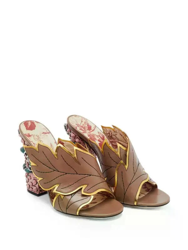 Gucci Webby Leaf Embellished Snake Detail Block Heel Sandals