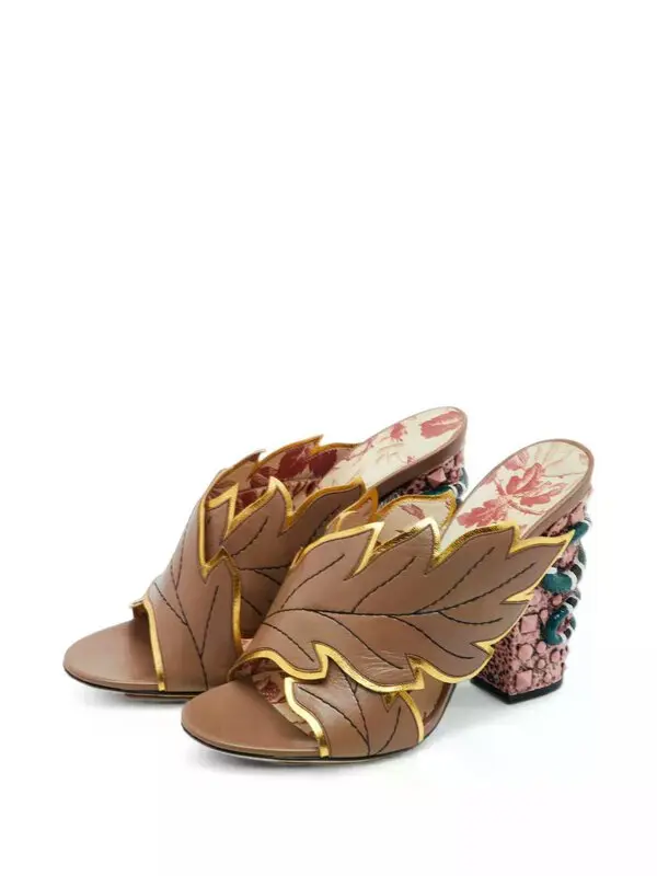 Gucci Webby Leaf Embellished Snake Detail Block Heel Sandals