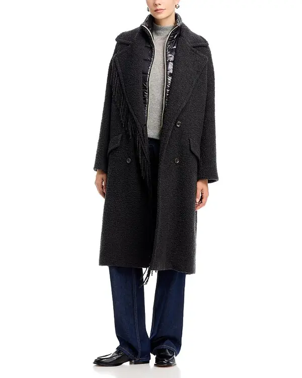 Herno Fringed Teddy Boucle Knit Contrast Trim Coat - Charcoal