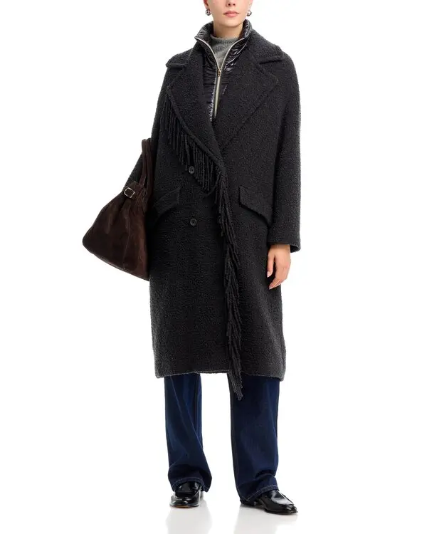 Herno Fringed Teddy Boucle Knit Contrast Trim Coat
