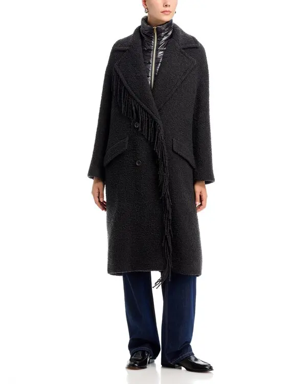 Herno Fringed Teddy Boucle Knit Contrast Trim Coat