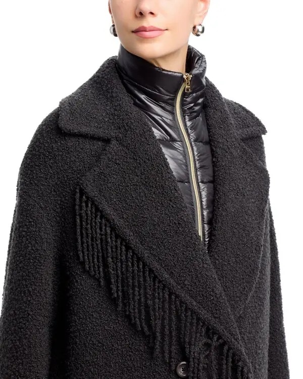 Herno Fringed Teddy Boucle Knit Contrast Trim Coat