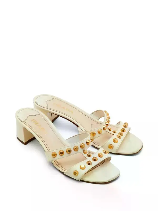 Prada Cream White Leather Studded Block-heel Sandals