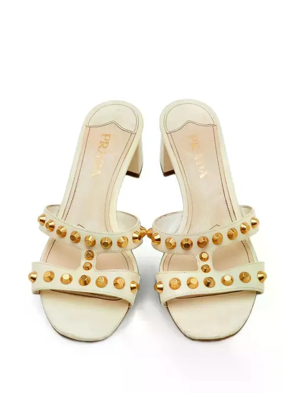 Prada Cream White Leather Studded Block-heel Sandals