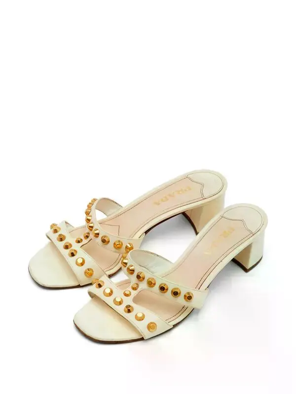Prada Cream White Leather Studded Block-heel Sandals