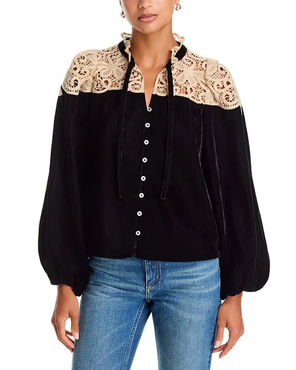 Sea Shiloh Lace Yoke Velvet Blouse - Black