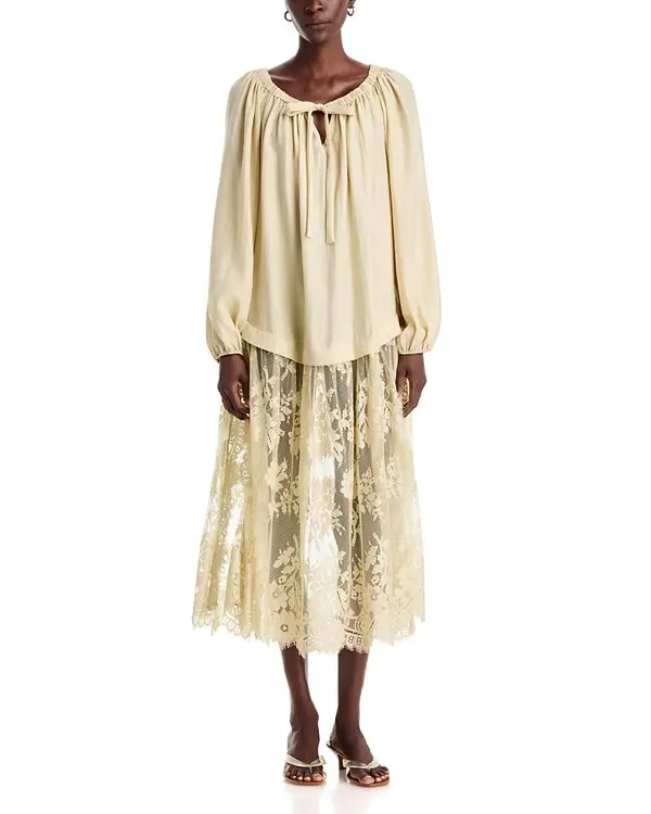 A.REN Long Sleeve Tie-neck Lace Midi Dress