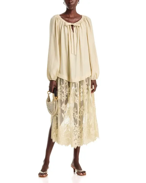 A.REN Long Sleeve Tie-neck Lace Midi Dress
