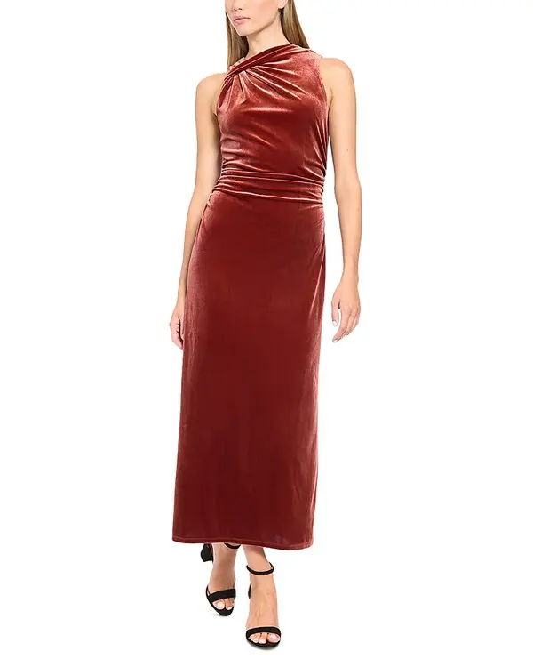 Maggy London Velvet Knot Shoulder Midi Dress - Fire Brick