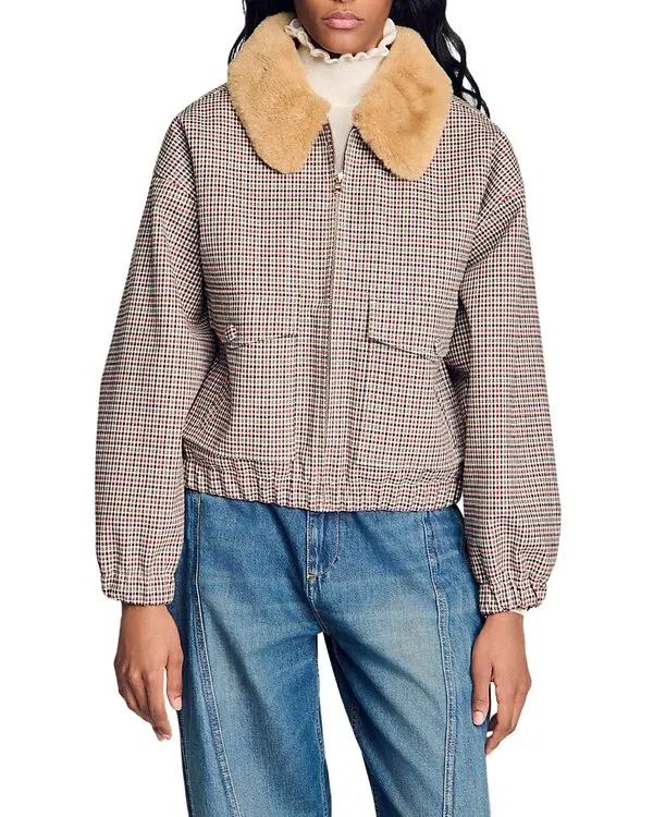 Sandro Faux Fur Lined Check Coat - Brown