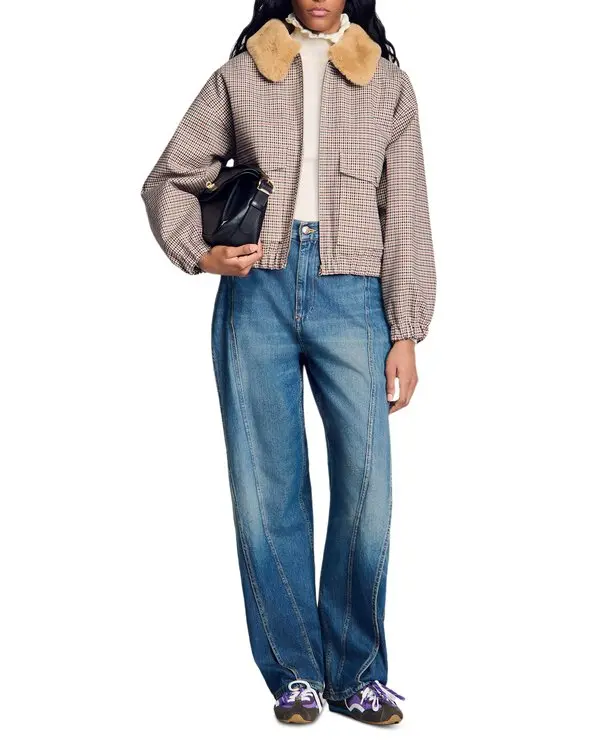 Sandro Faux Fur Lined Check Coat