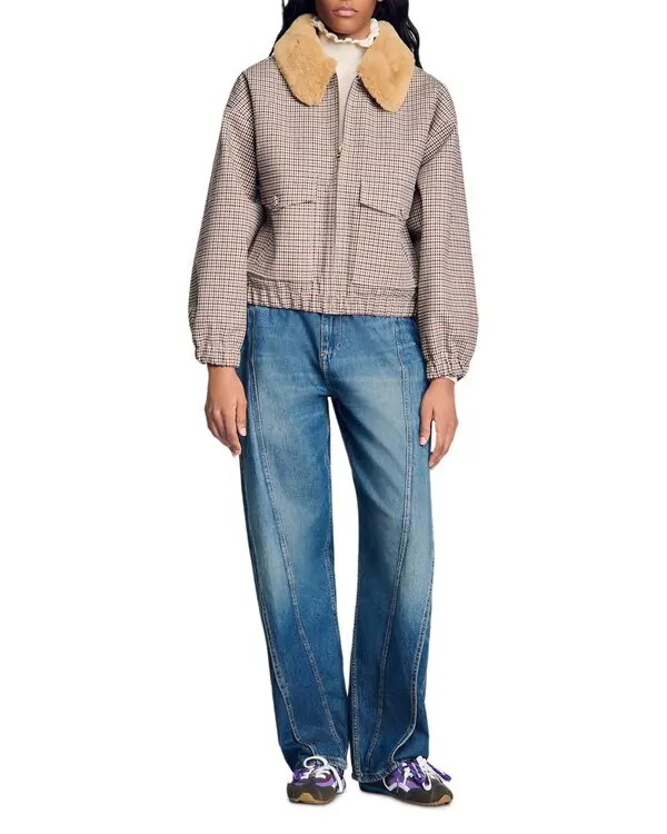 Sandro Faux Fur Lined Check Coat