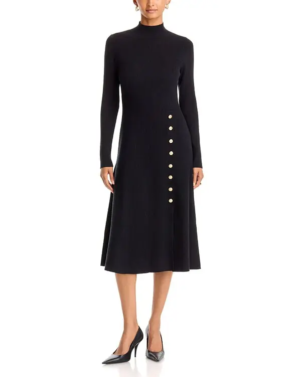 Elie Tahari Adhara Ribbed Sweater Dress With Button Detail - Noir