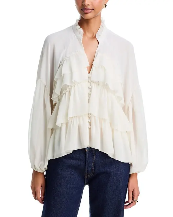 Cinq À Sept Amoura Stand Collar Ruffle Tiered Top - Ivory