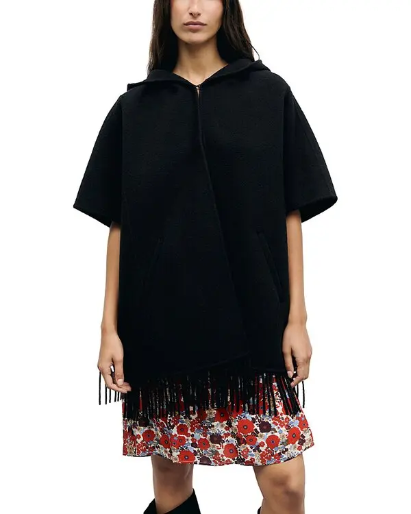 Gerard Darel Ady Hooded Cape Coat With Fringe Hem - Black