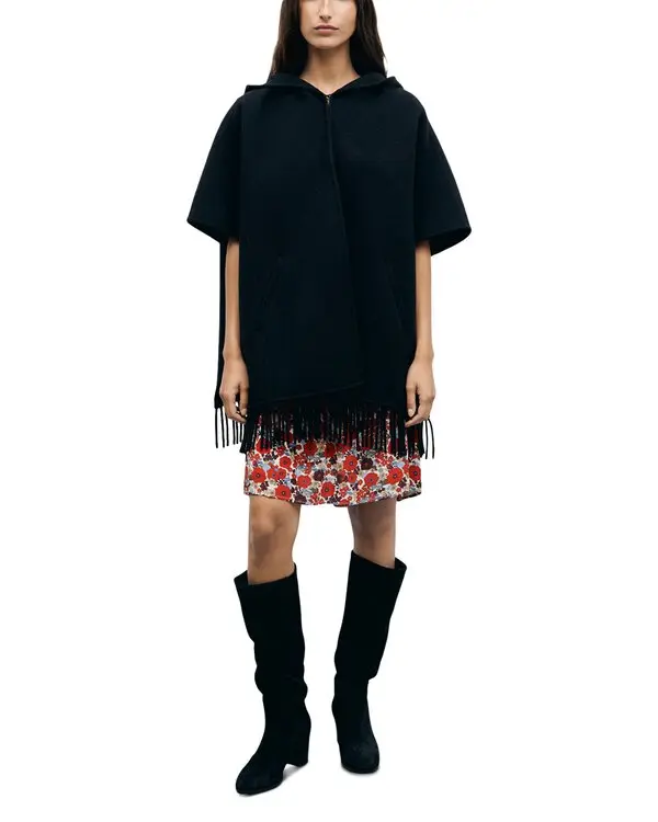 Gerard Darel Ady Hooded Cape Coat With Fringe Hem