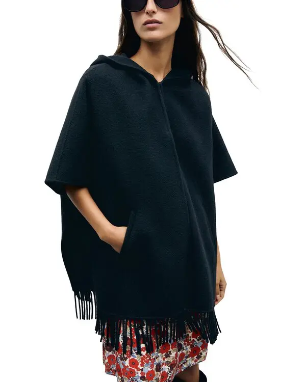 Gerard Darel Ady Hooded Cape Coat With Fringe Hem