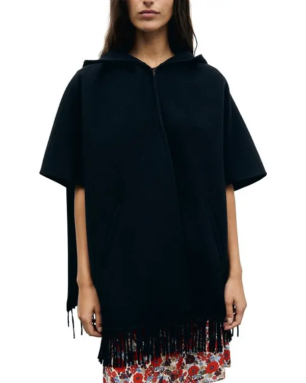 Gerard Darel Ady Hooded Cape Coat With Fringe Hem
