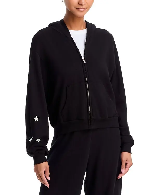 Aqua Cropped Zip Hoodie With Star Embellishments - Black