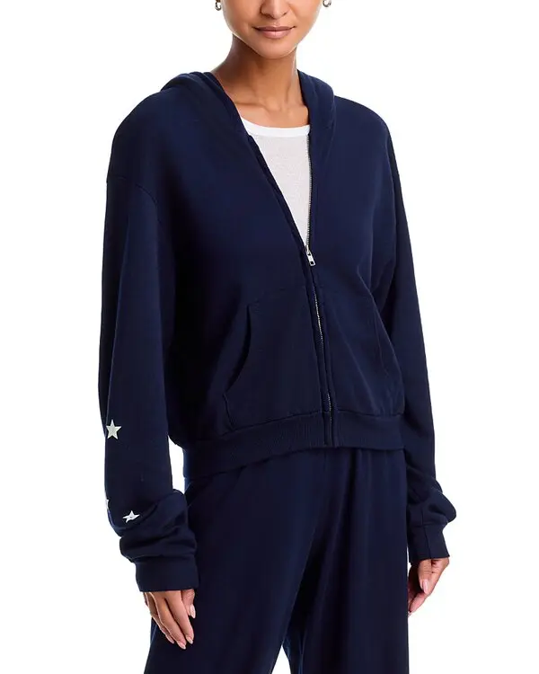 Aqua Cropped Zip Hoodie With Star Embellishments - Navy