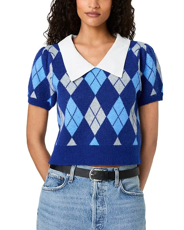 French Connection Koda Knit Argyle Sweater With Collared Neckline - Brisk Blue