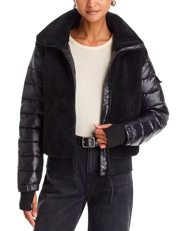 Aqua Sherpa Mixed Media Bomber Jacket