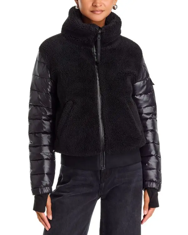 Aqua Sherpa Mixed Media Bomber Jacket