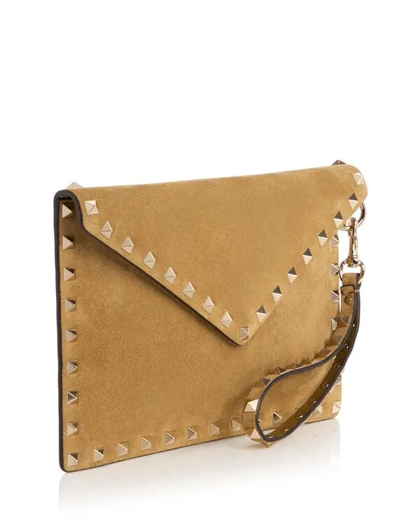 Valentino Garavani Rockstud Medium Suede Flat Pouch - Beige